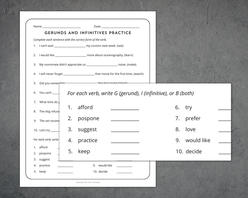 Gerund and Infinitive Anchor Charts PDF for ESL/ELL English Teaching ...