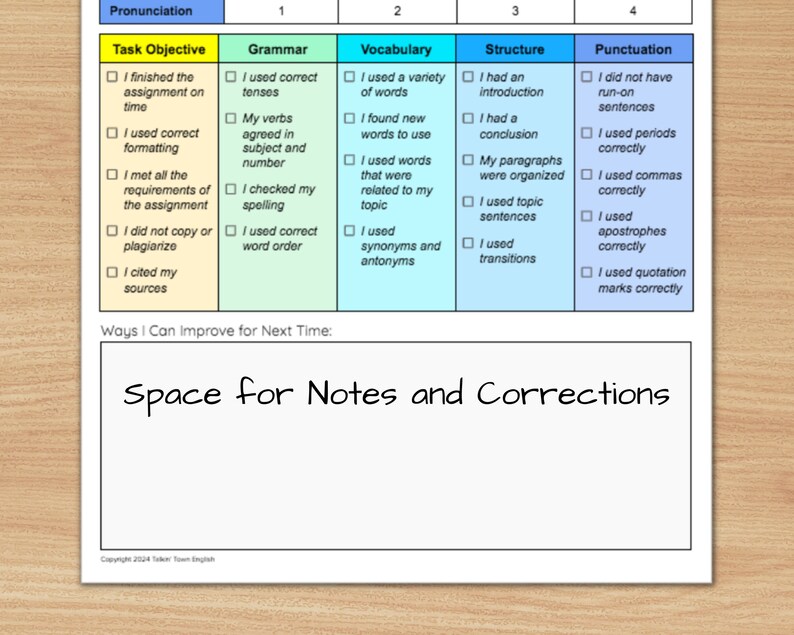 Writing Assessment Rubric Grading Worksheet and Template for ESL/ELL ...