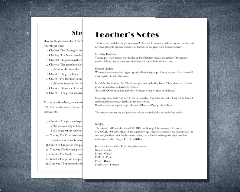 Einstein's Riddle Worksheets for ESL, Gifted, IEP, Sub Plans and Team ...