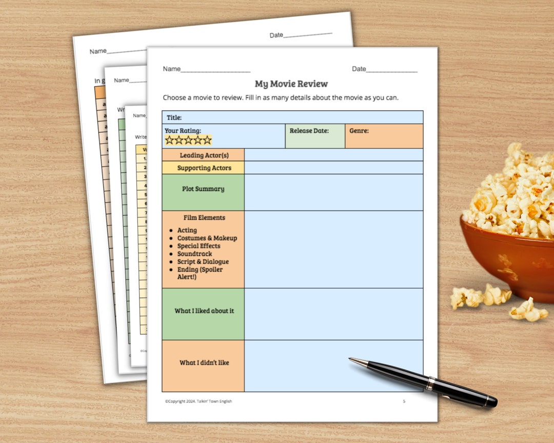 Movie Review Vocabulary and Template Form Worksheets PDF, Editable ...