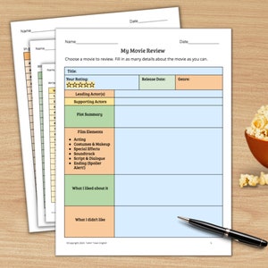Movie Review Vocabulary and Template Form Worksheets PDF, Editable ...