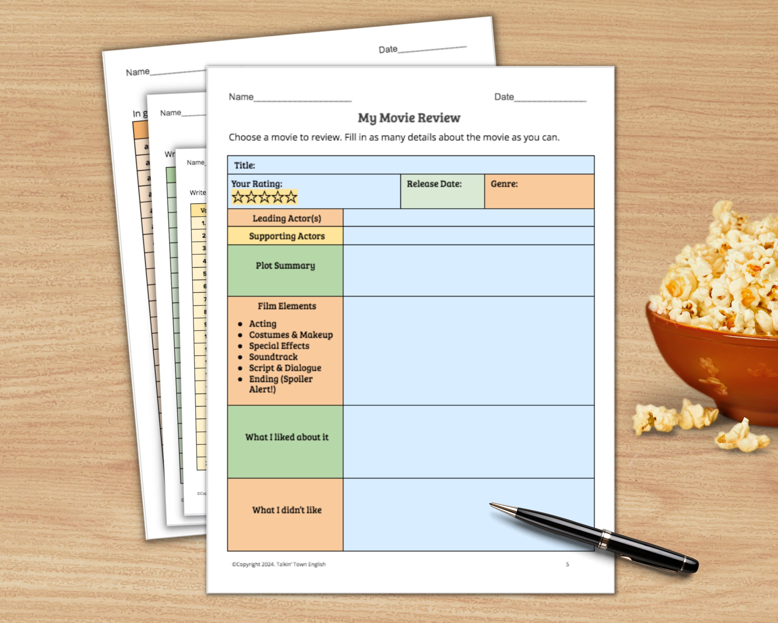 Movie Review Vocabulary and Template Form Worksheets PDF, Editable ...