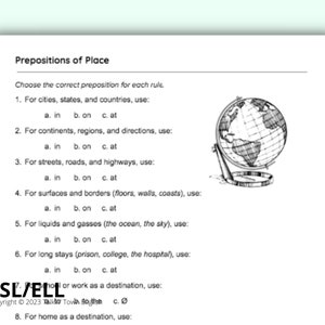 Prepositions Posters and Worksheets for In, On, At: Set of Pdfs for ESL ...