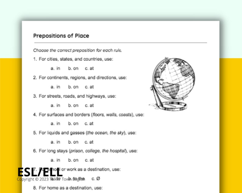 Prepositions Posters and Worksheets for In, On, At: Set of Pdfs for ESL ...