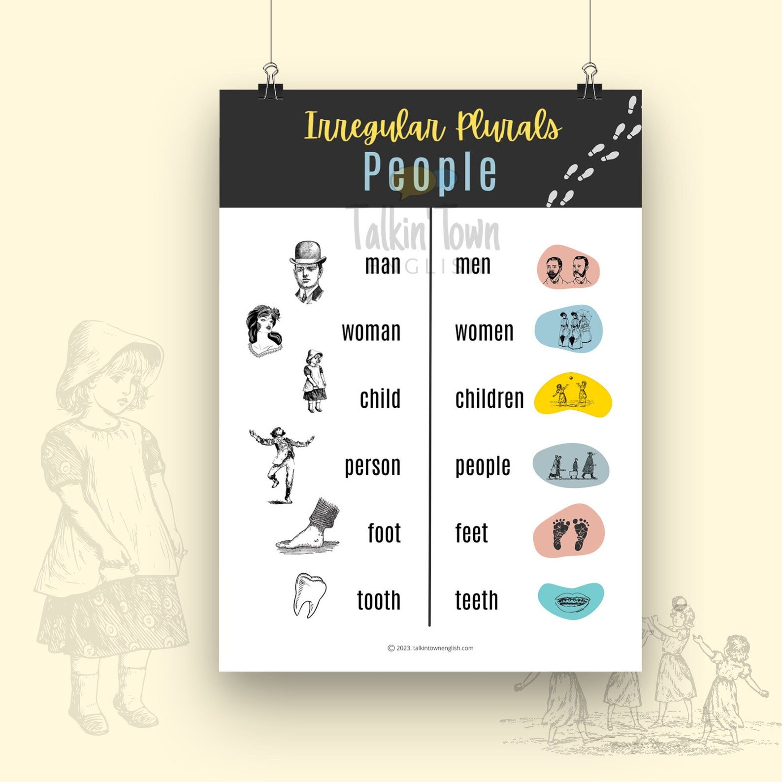 Vintage Grammar Charts of Irregular Plural Nouns for People and Animals ...