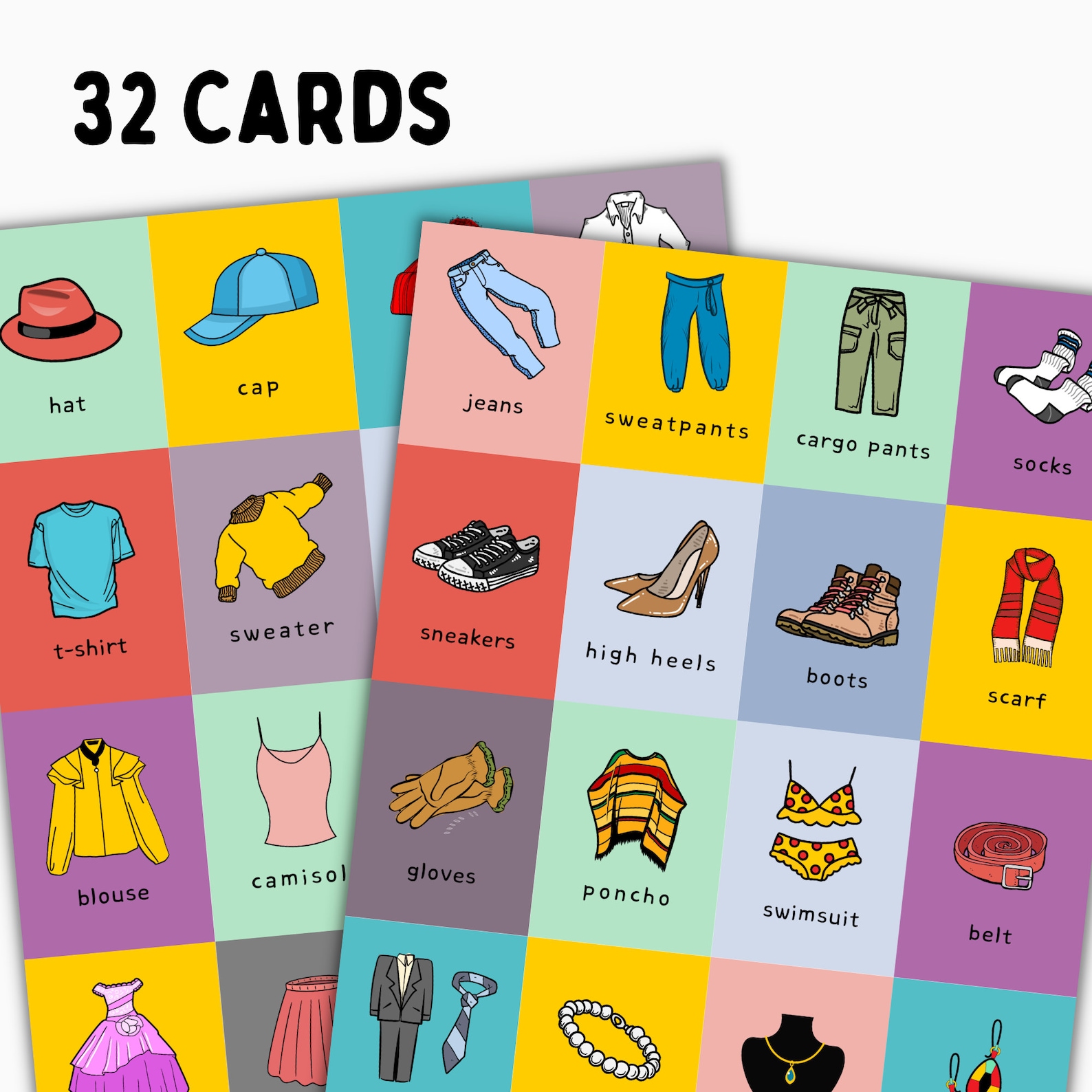 Clothing Flashcards ESL, 32 Printable English Language Vocabulary Cards ...