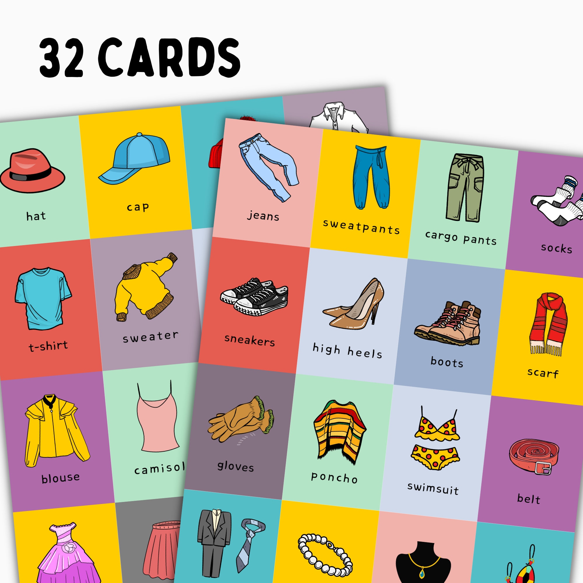Clothing Flashcards ESL, 32 Printable English Language Vocabulary Cards ...