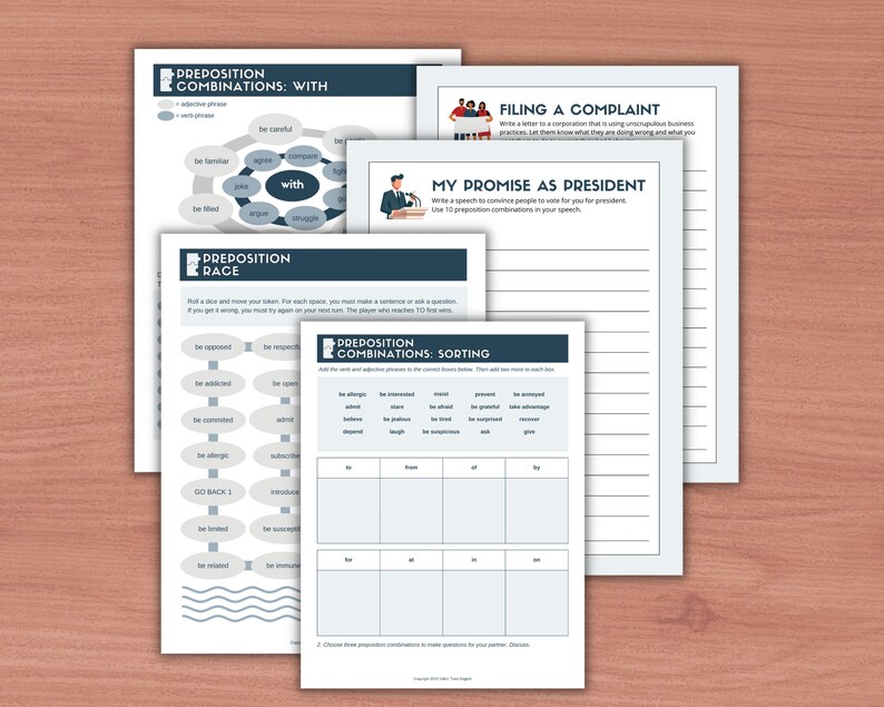 Dependent Prepositions List and Printable Worksheet PDF Set for ESL/ELL ...