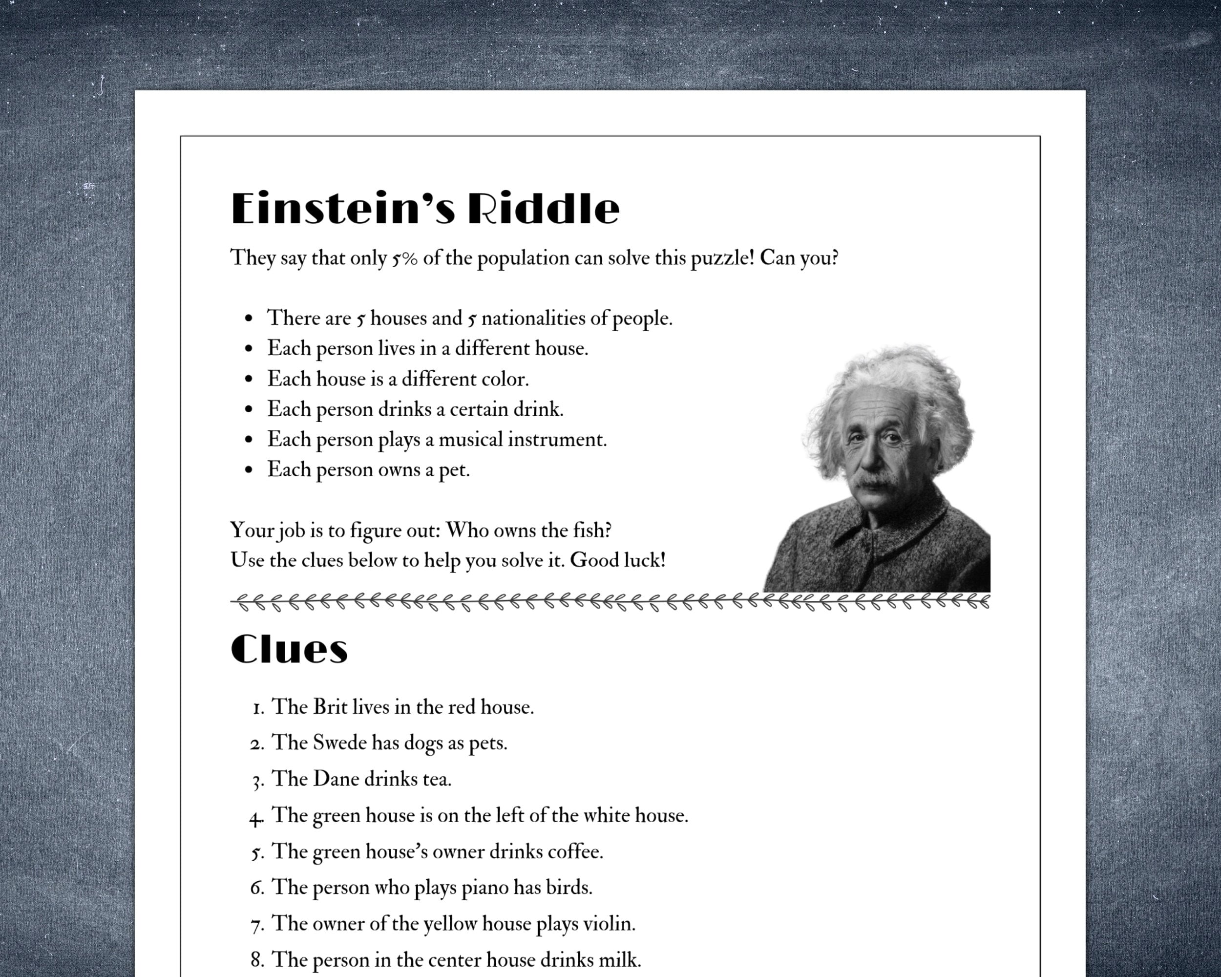 Einstein's Riddle Worksheets for ESL, Gifted, IEP, Sub Plans and Team ...