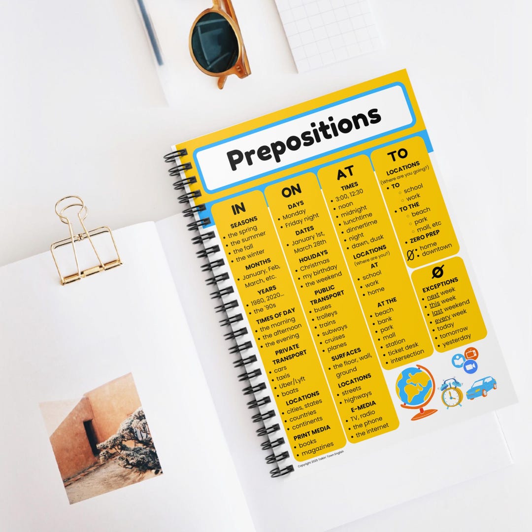 English Prepositions Chart Spiral Notebook, Grammar, ESL Students ...