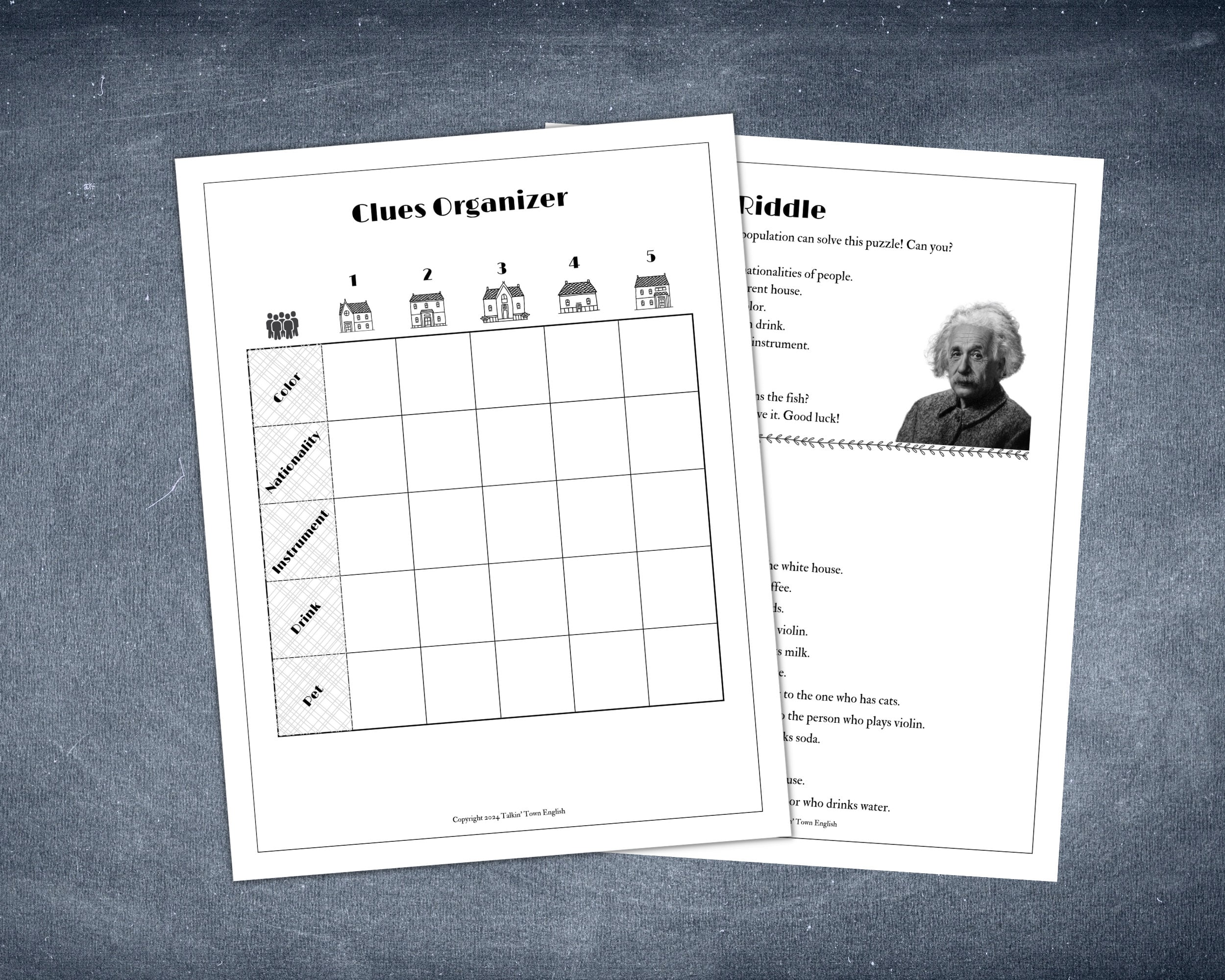 Einstein's Riddle Worksheets for ESL, Gifted, IEP, Sub Plans and Team ...