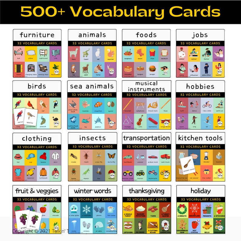 500 Vocabulary Flashcards Cards by Topic for Games and Activities ESL SPED English - Etsy
