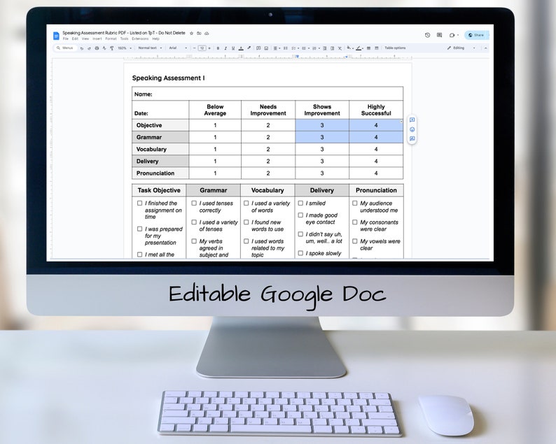 Speaking Assessment Rubric Grading Worksheet and Template for ESL/ELL ...