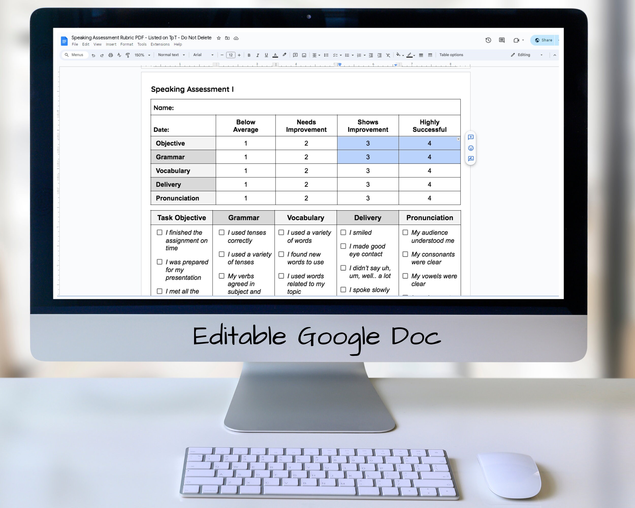 Speaking Assessment Rubric Grading Worksheet and Template for ESL/ELL ...
