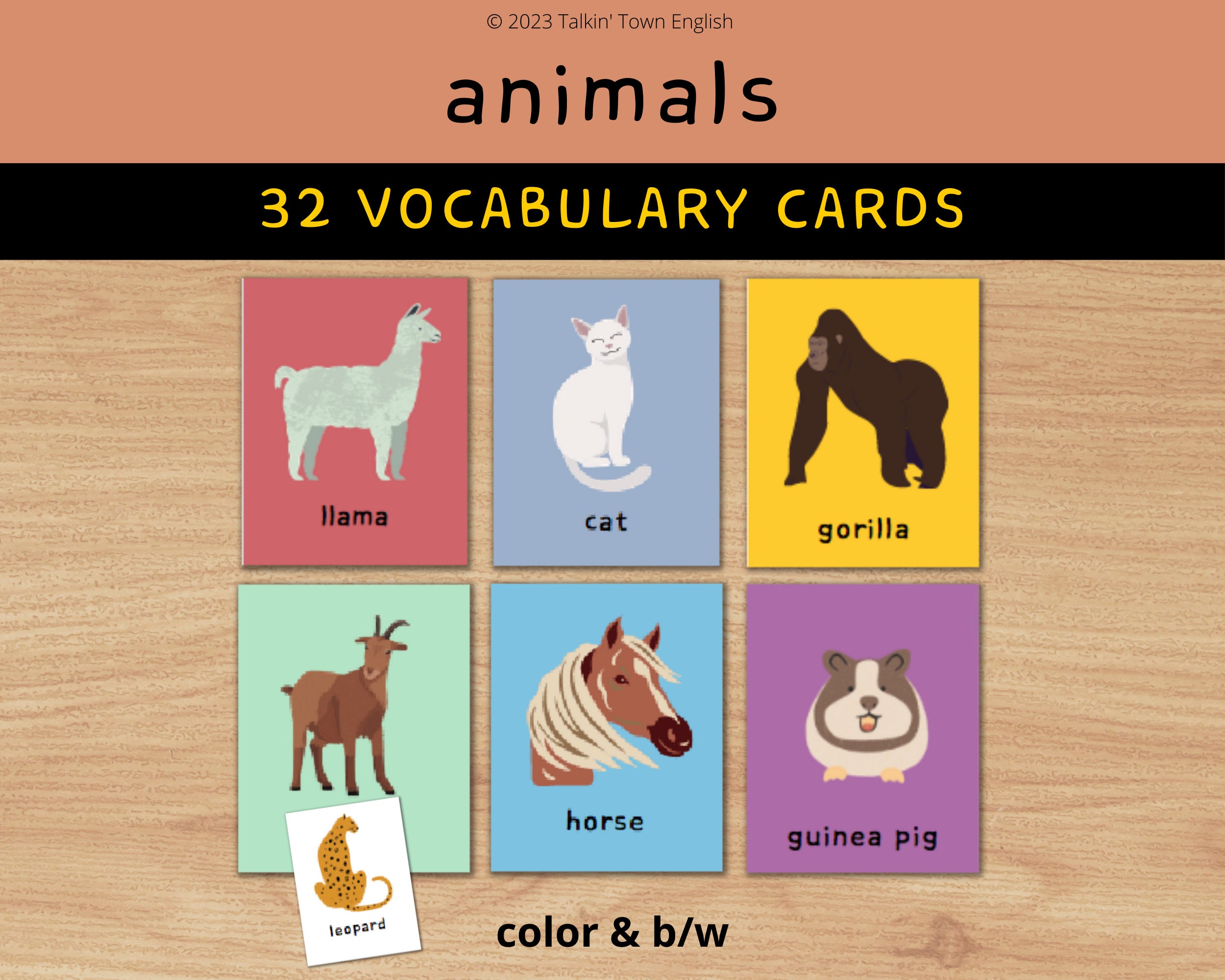 Printable Animal Vocabulary Picture Cards PDF for ESL Games, Memory ...