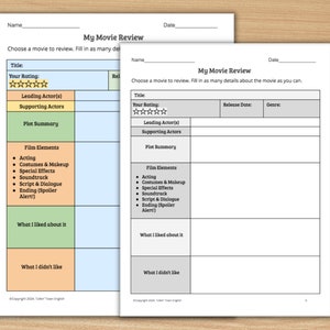 Movie Review Vocabulary and Template Form Worksheets PDF, Editable ...