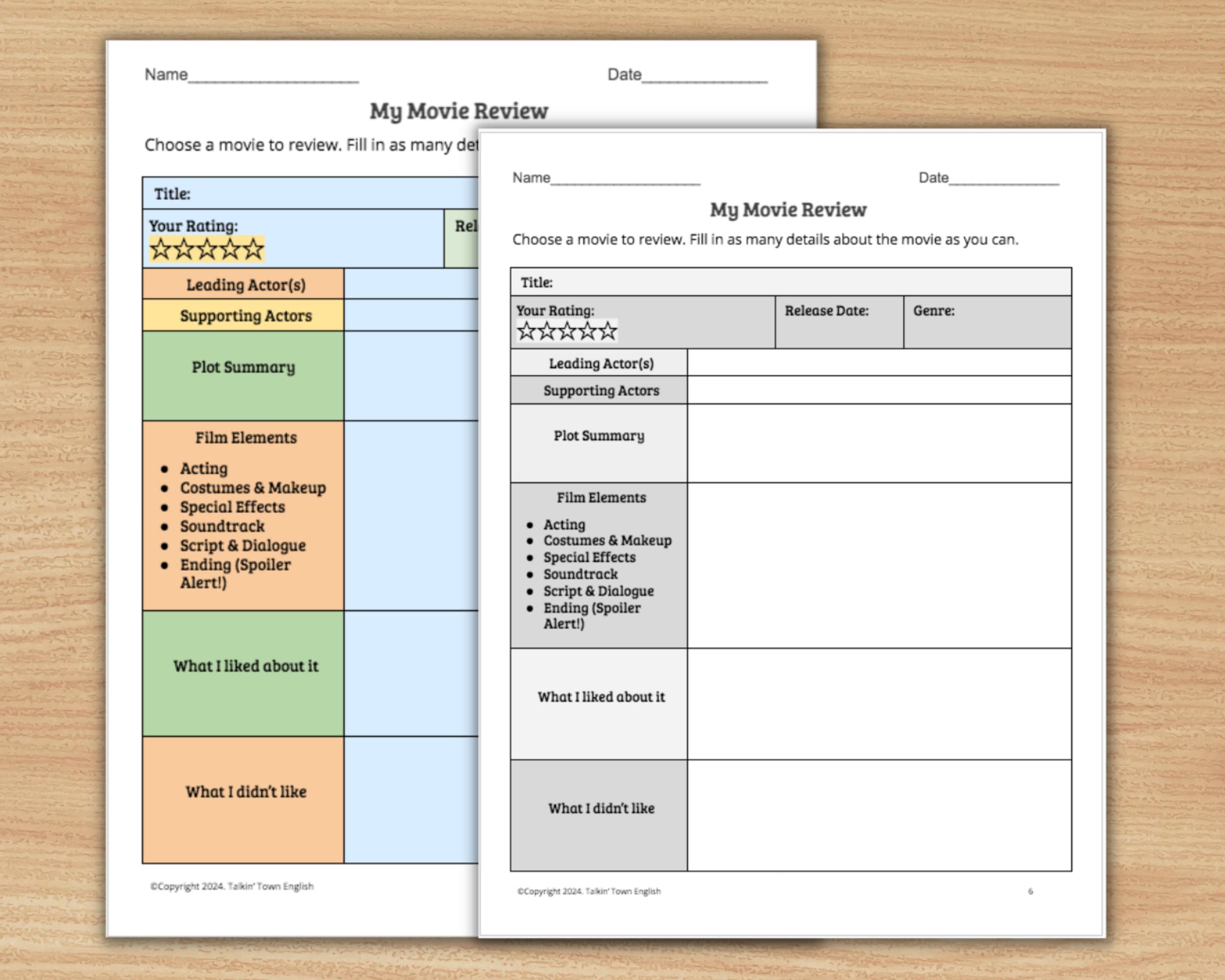 Movie Review Vocabulary and Template Form Worksheets PDF, Editable ...