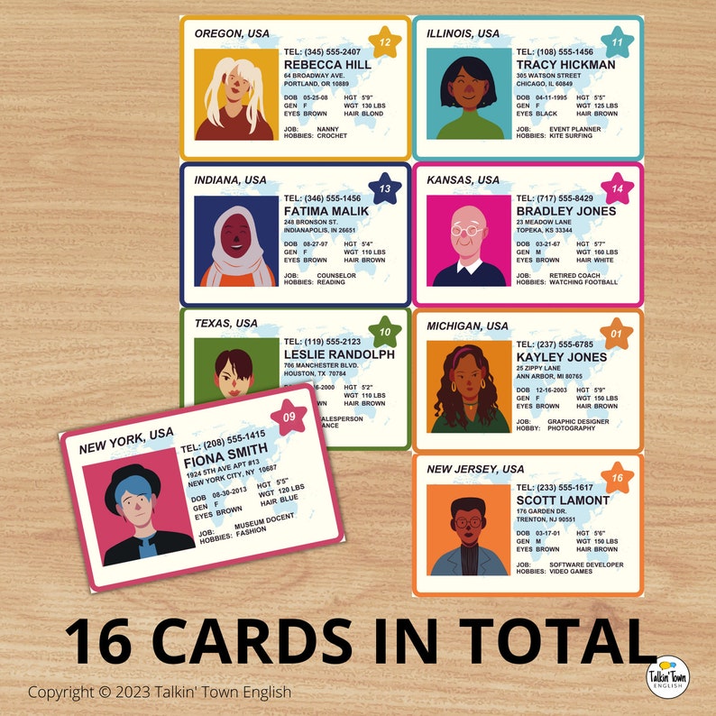 Printable ID Cards With 16 Illustrated Characters and Template to ...