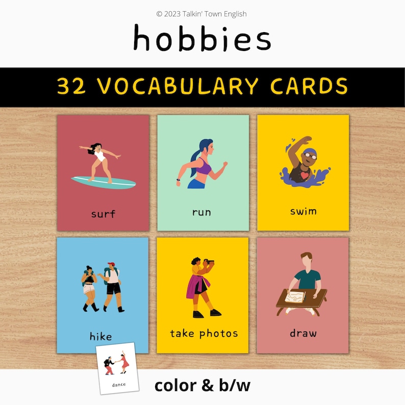 Hobbies Vocabulary Cards for ESL Games, Memory, Charades, and Conversation, Hobby Flashcards ...