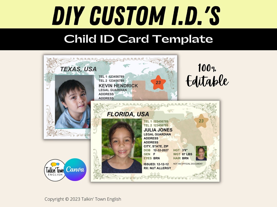 Child ID Card, Kid Id Card TEMPLATE for Child Safety, Custom DIY on Canva, Printable at Home ...