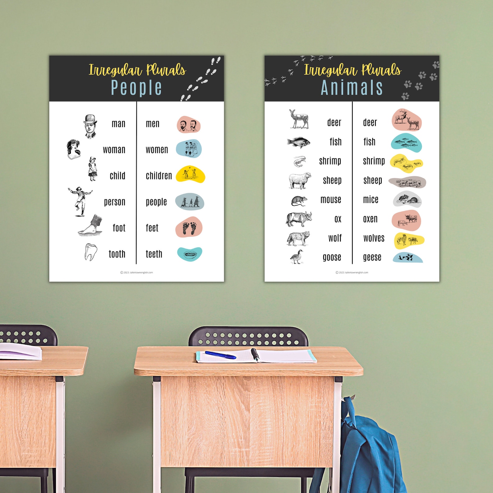 Vintage Grammar Charts of Irregular Plural Nouns for People and Animals ...