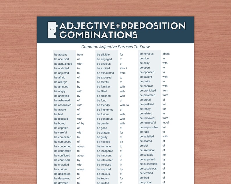 Dependent Prepositions List and Printable Worksheet PDF Set for ESL/ELL, English Grammar ...