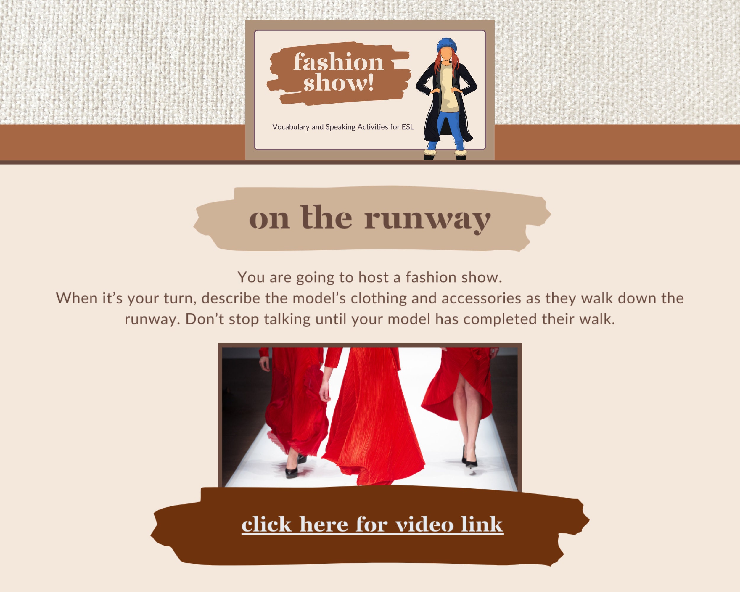 Fashion Show ESL PDF Printable and Presentation Lesson Plan, Ordering ...