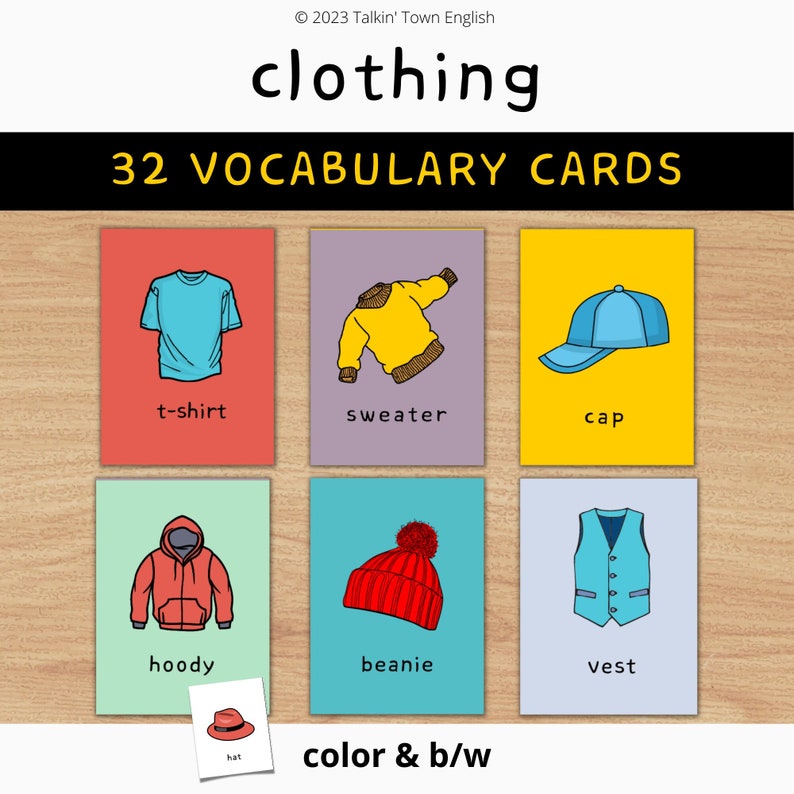Clothing Flashcards ESL, 32 Printable English Language Vocabulary Cards ...