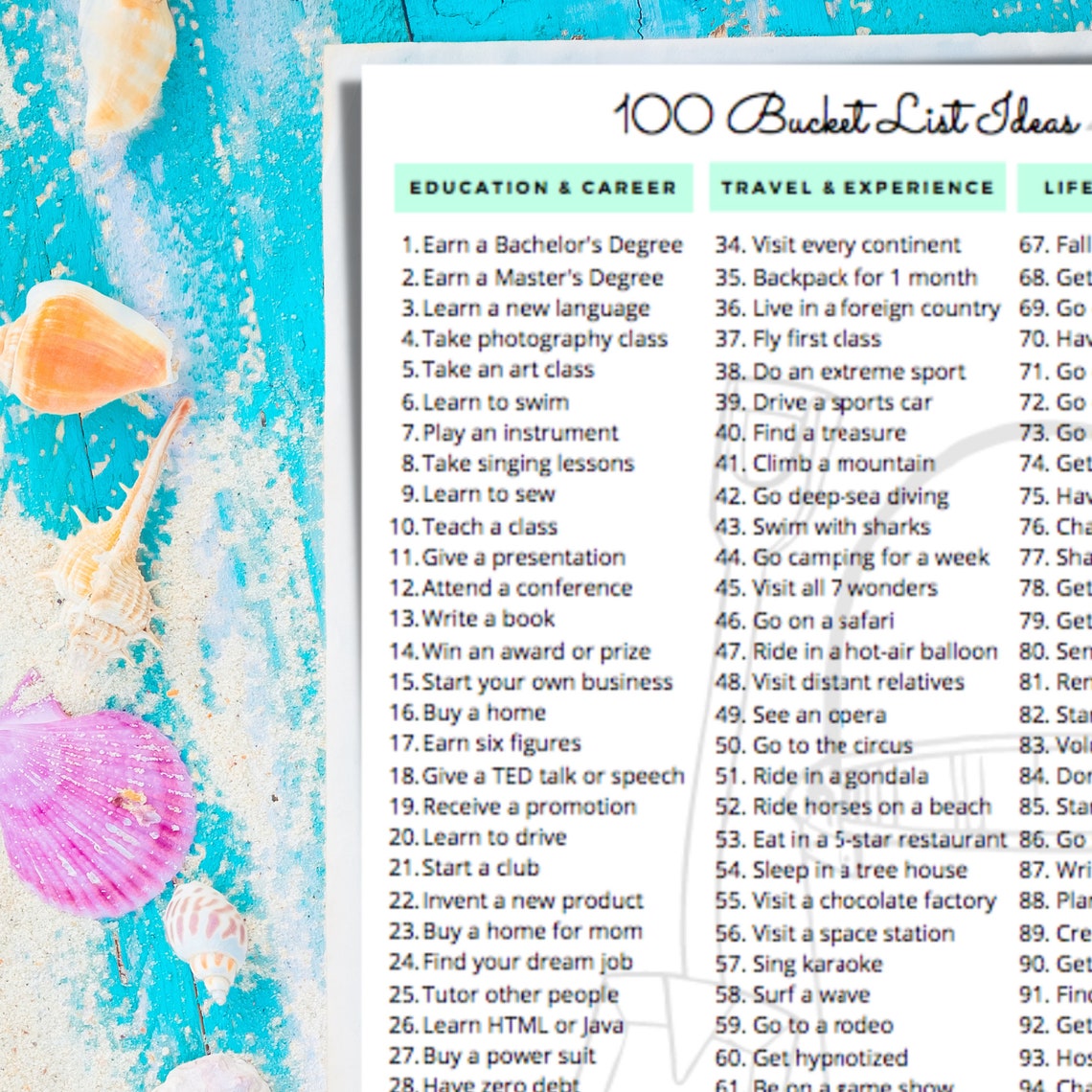 Bucket List Template With 100 Ideas Checklist and Idea Worksheet ...