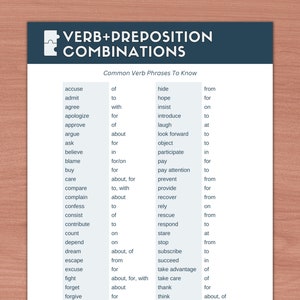 Dependent Prepositions List and Printable Worksheet PDF Set for ESL/ELL, English Grammar ...