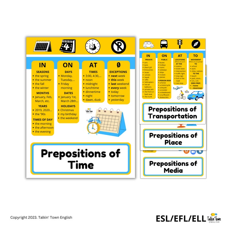 Prepositions Posters and Worksheets for In, On, At: Set of Pdfs for ESL ...