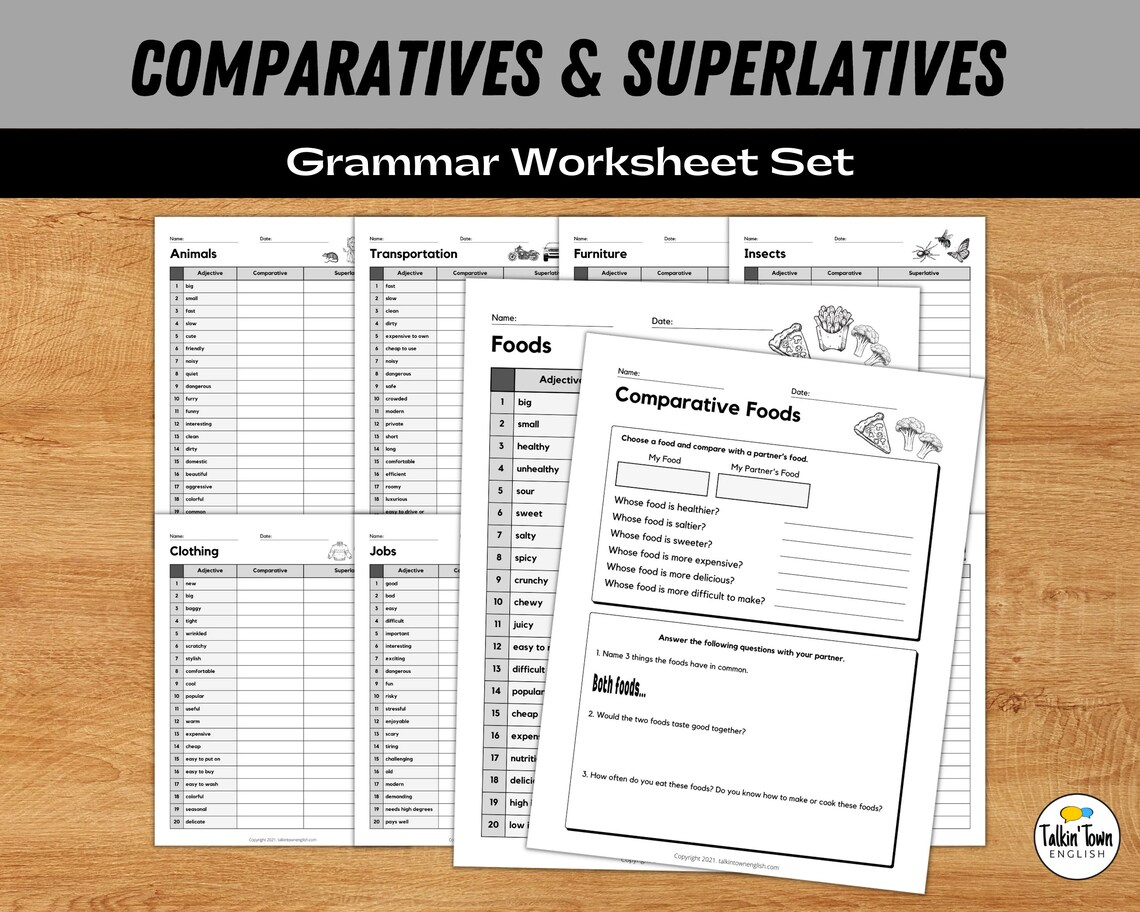 Comparative Worksheets and Superlative Worksheets Set of Printable Pdfs ...