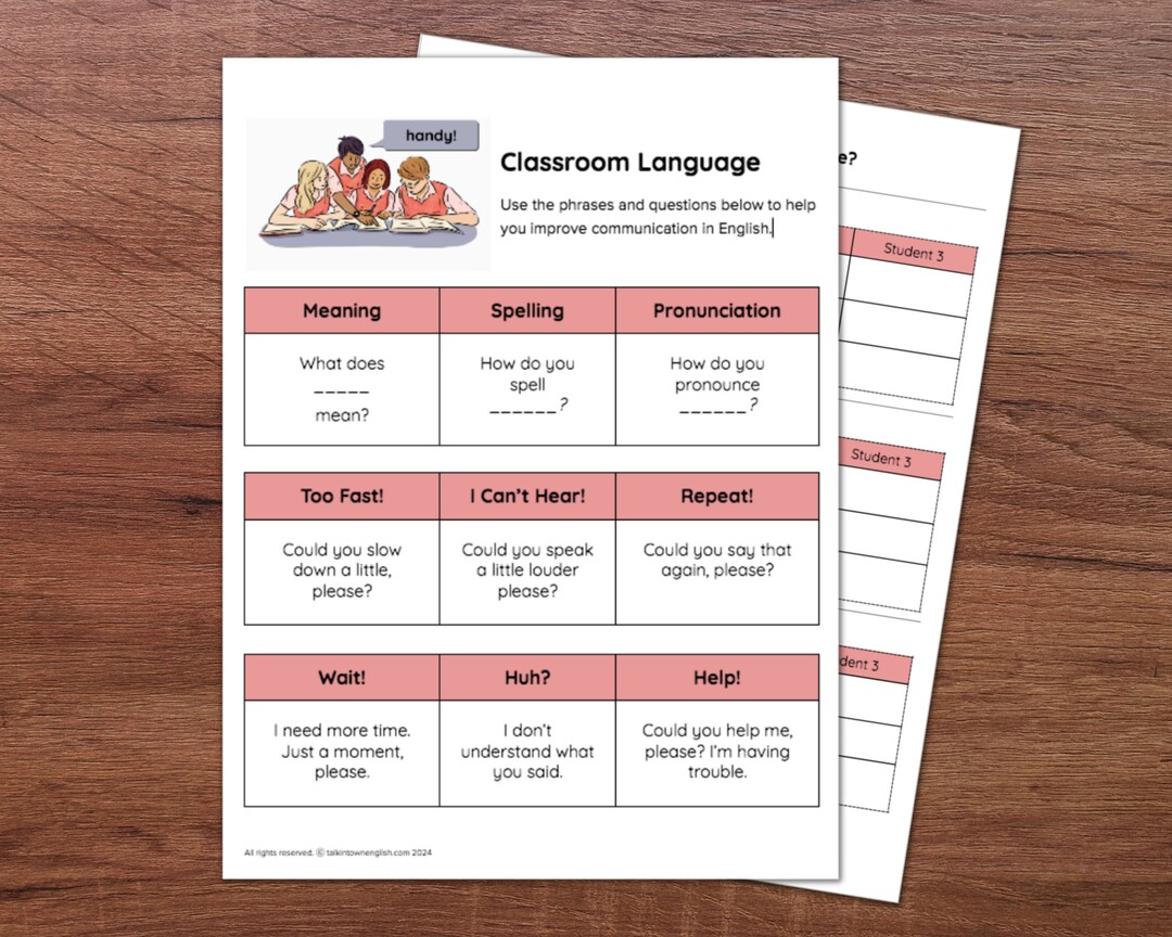 Classroom Language and Communication Phrases Activity Worksheets for ...