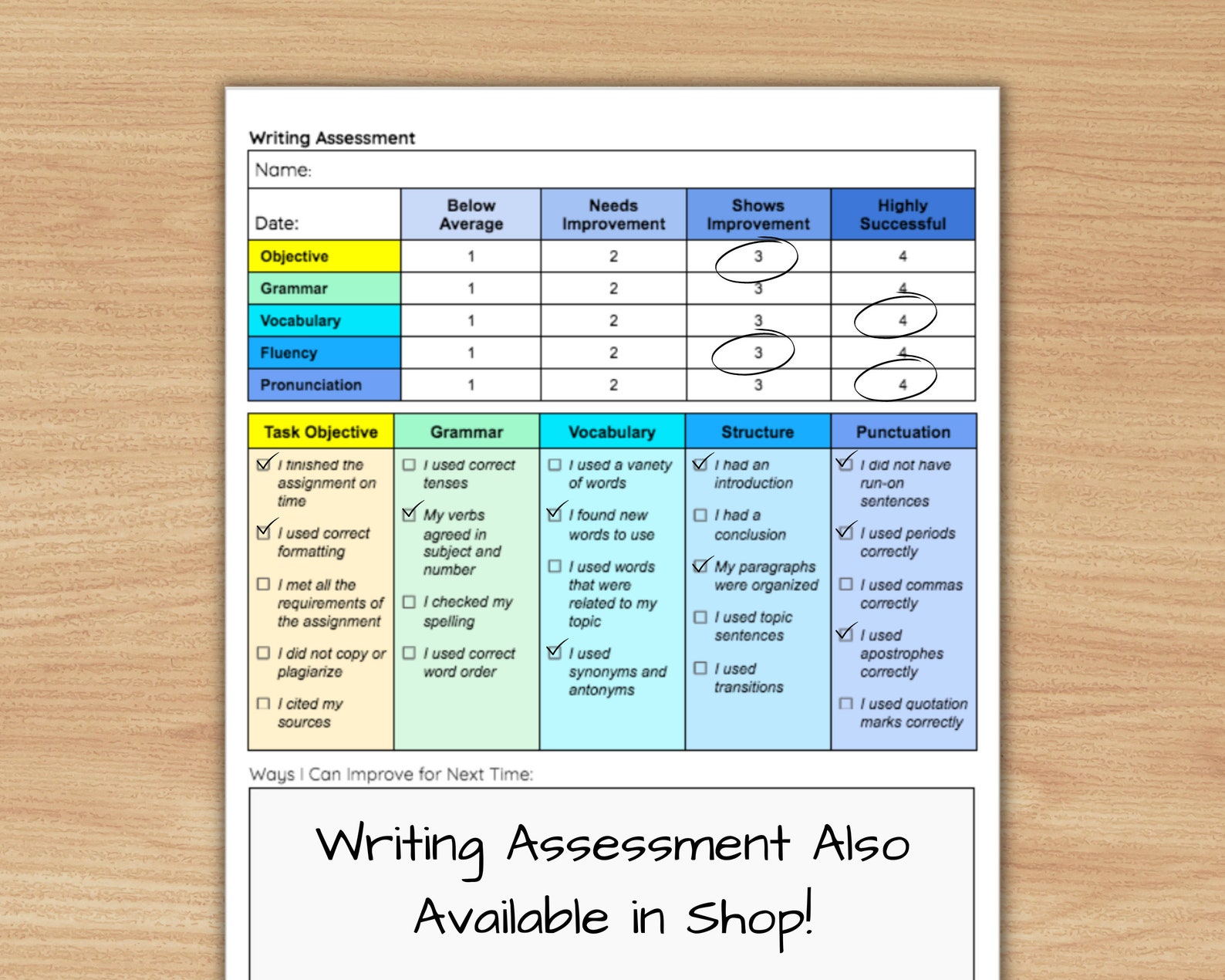 Speaking Assessment Rubric Grading Worksheet and Template for ESL/ELL ...