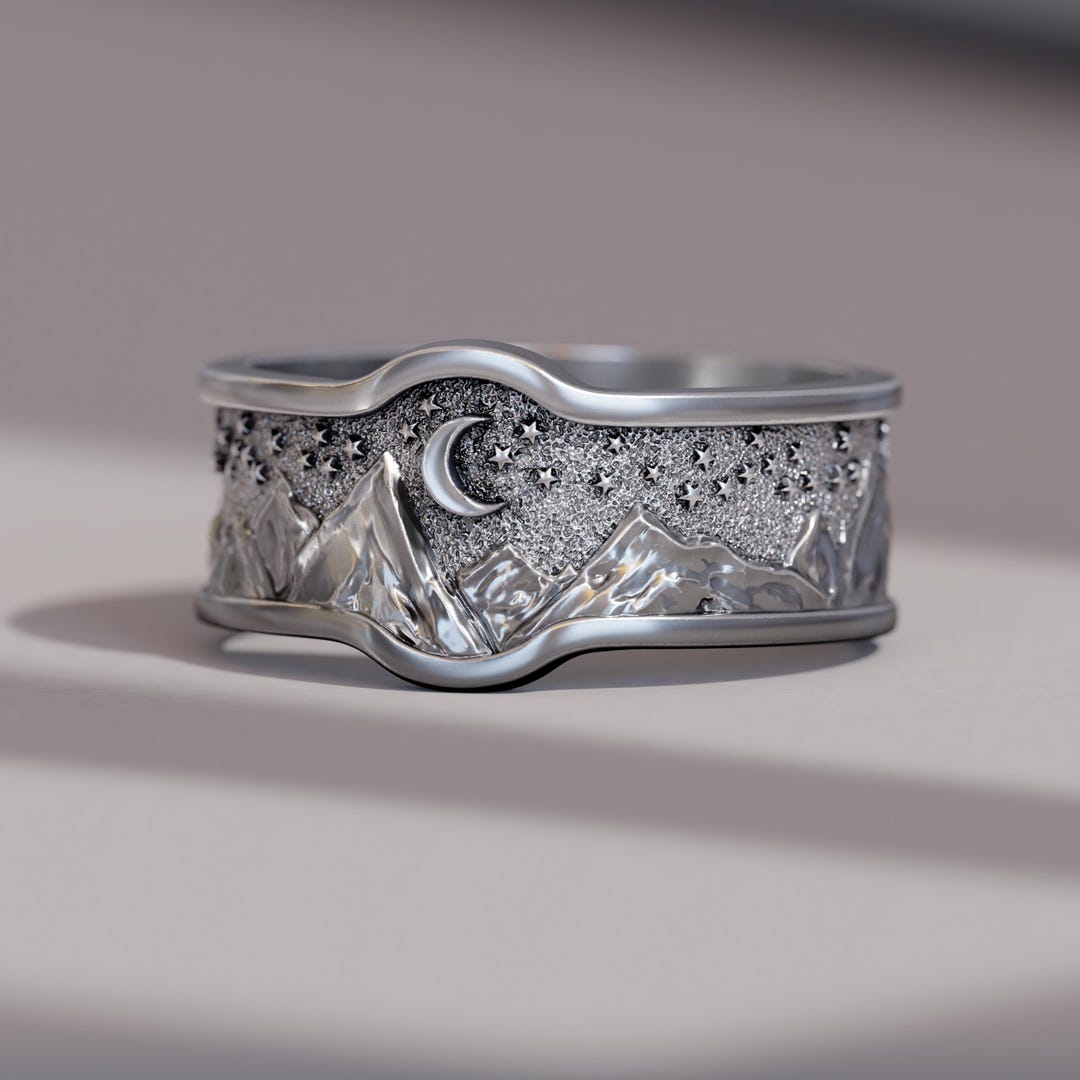 Moon and Stars Ring for Men in Sterling Silver – Mountain Night Sky ...