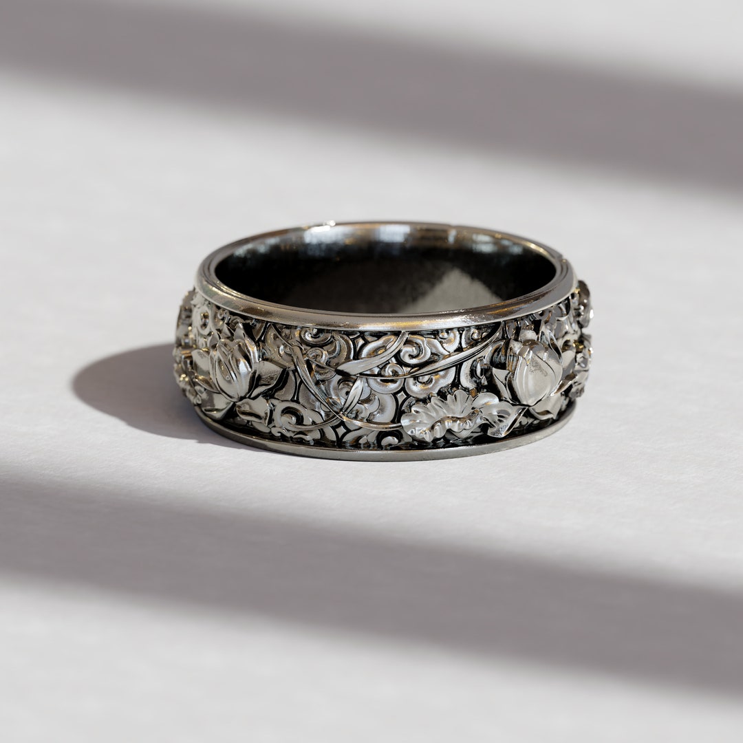 Japanese Lotus Flower Ring Engraved Floral Sterling Silver Jewelry Gift ...