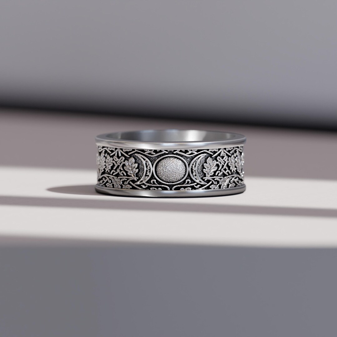 Celtic Moon Ring for Men in Sterling Silver Woven Knot Oak Leaf Wedding ...