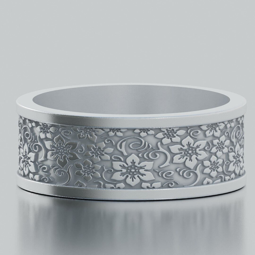 Floral Band Ring in Sterling Silver With Elegant Floral Pattern Ring ...