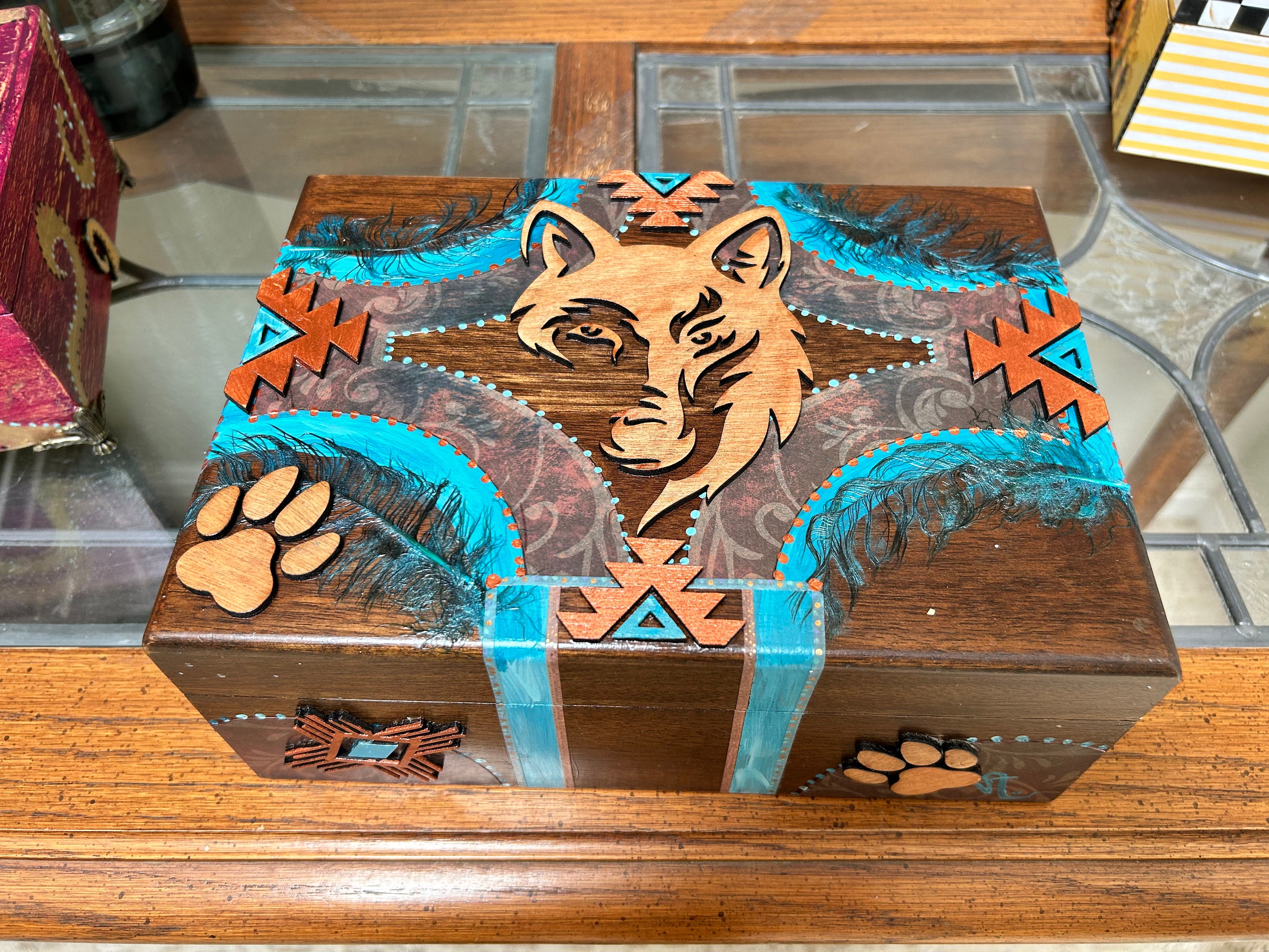 Handsome Solid Wood, Custom South-western Wolf Design Keepsake Box ...