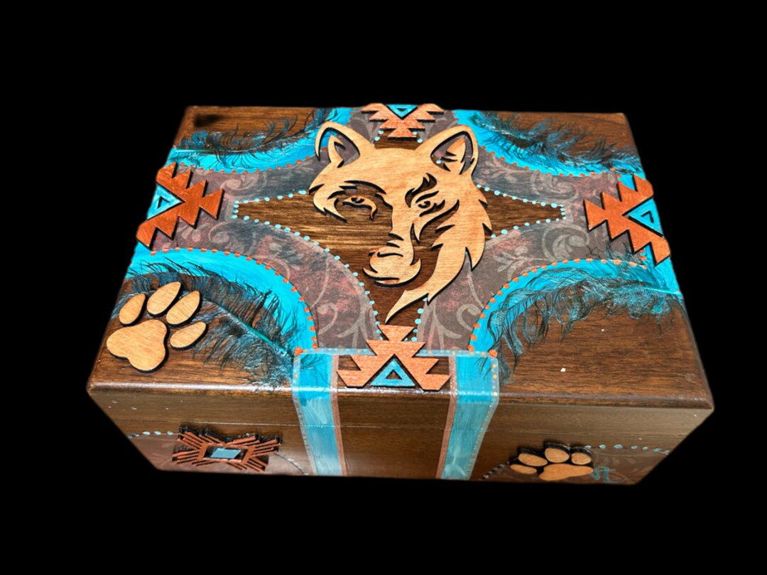 Handsome Solid Wood, Custom South-western Wolf Design Keepsake Box ...