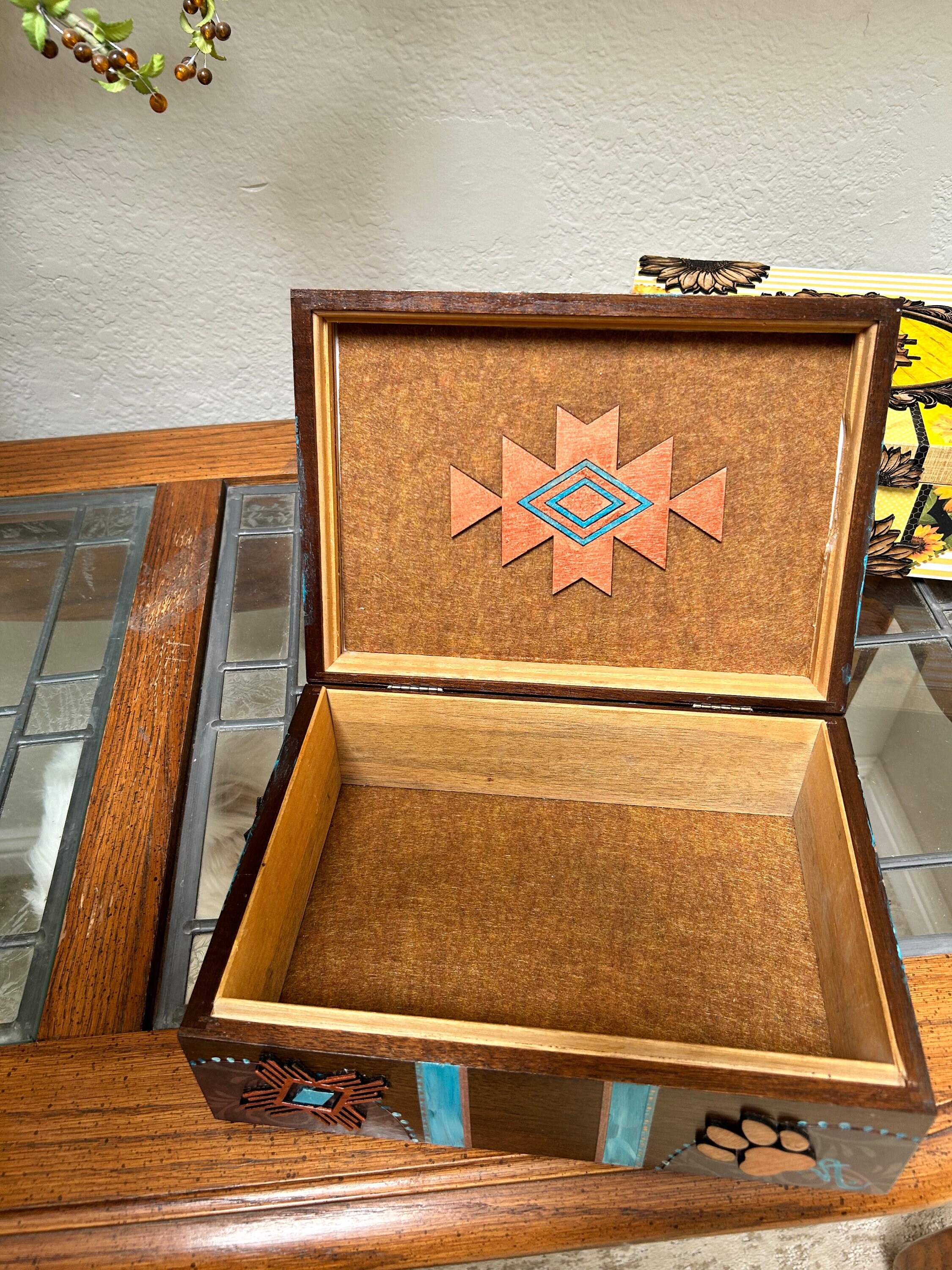 Handsome Solid Wood, Custom South-western Wolf Design Keepsake Box ...