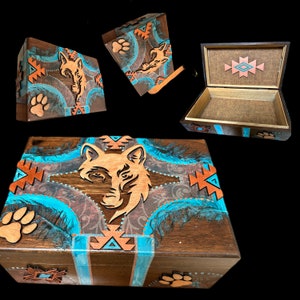 Handsome Solid Wood, Custom South-western Wolf Design Keepsake Box ...