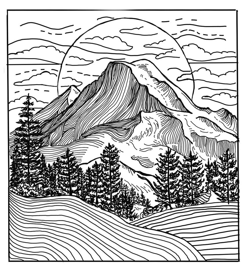 Linework Mountain Art, Detailed Sunset Art, Printable Nature Artwork ...