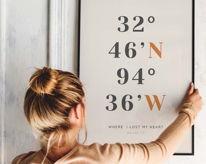 Framed Map & GPS Coordinates Custom Map Gift Latitude Longitude 5x5 ...