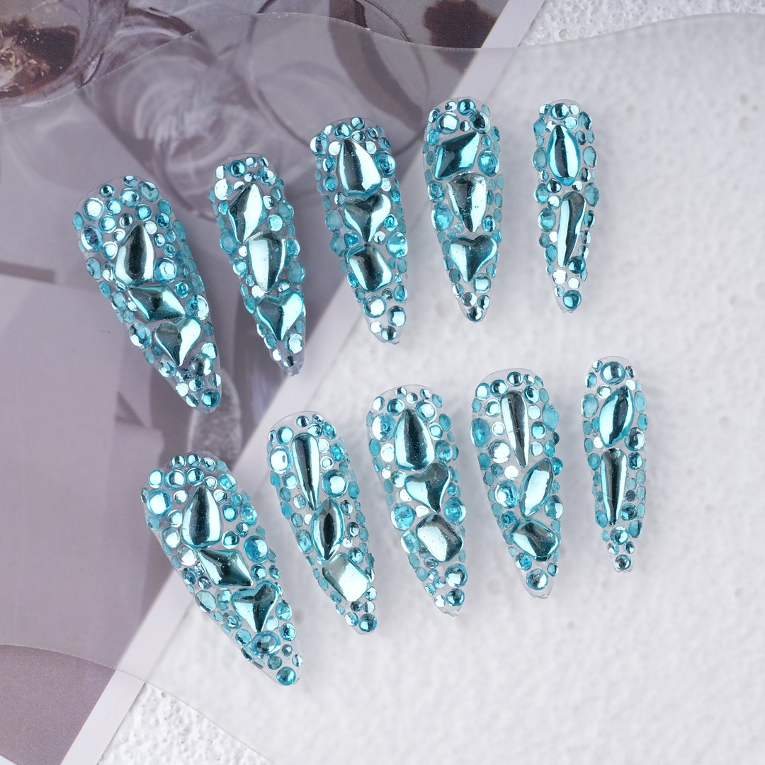 Luxury Blue Diamond Nails Long Stiletto,glitter Nails for Party,prom ...