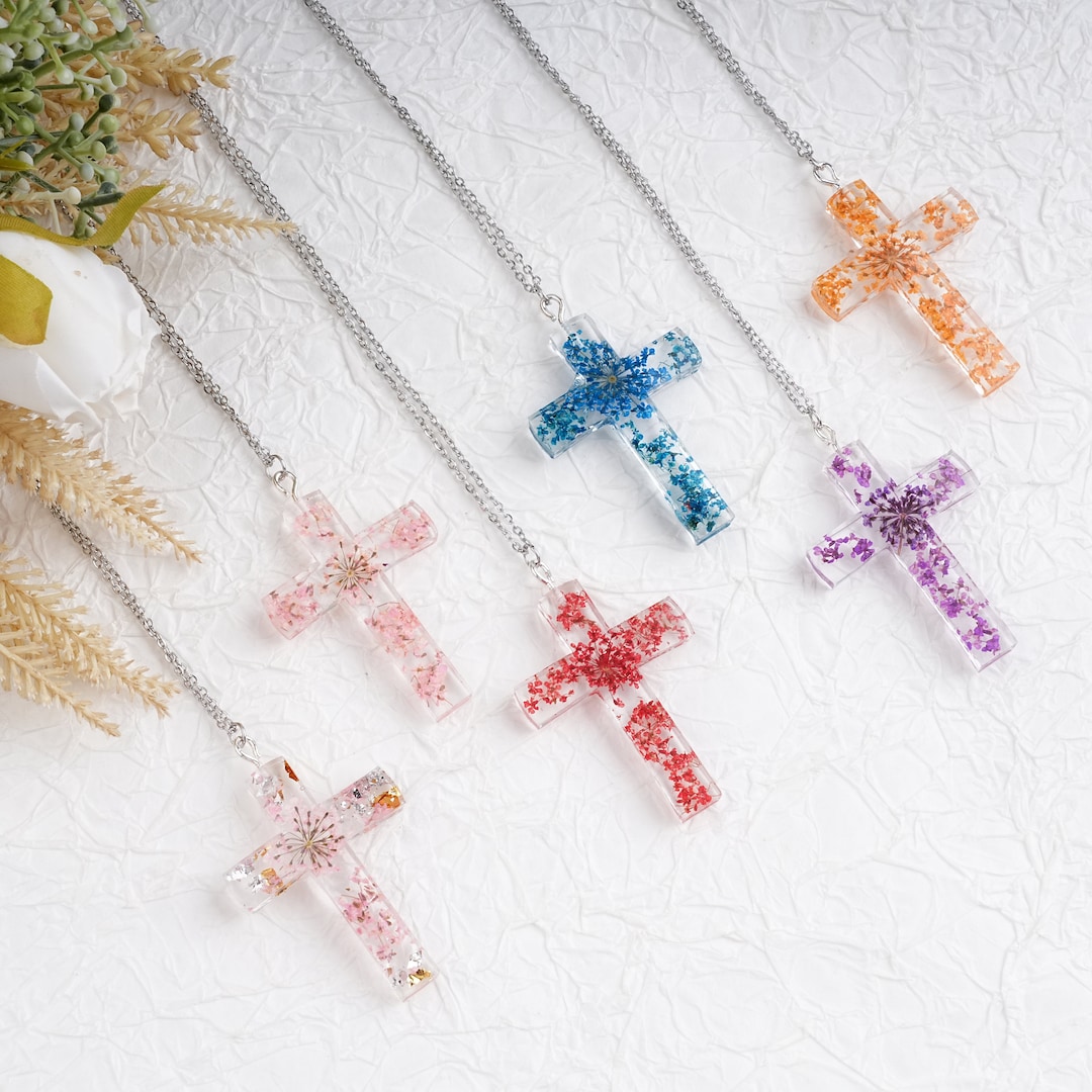 Real Flower Cross Necklace,botanical Flower Necklace,resin Jewelry ...