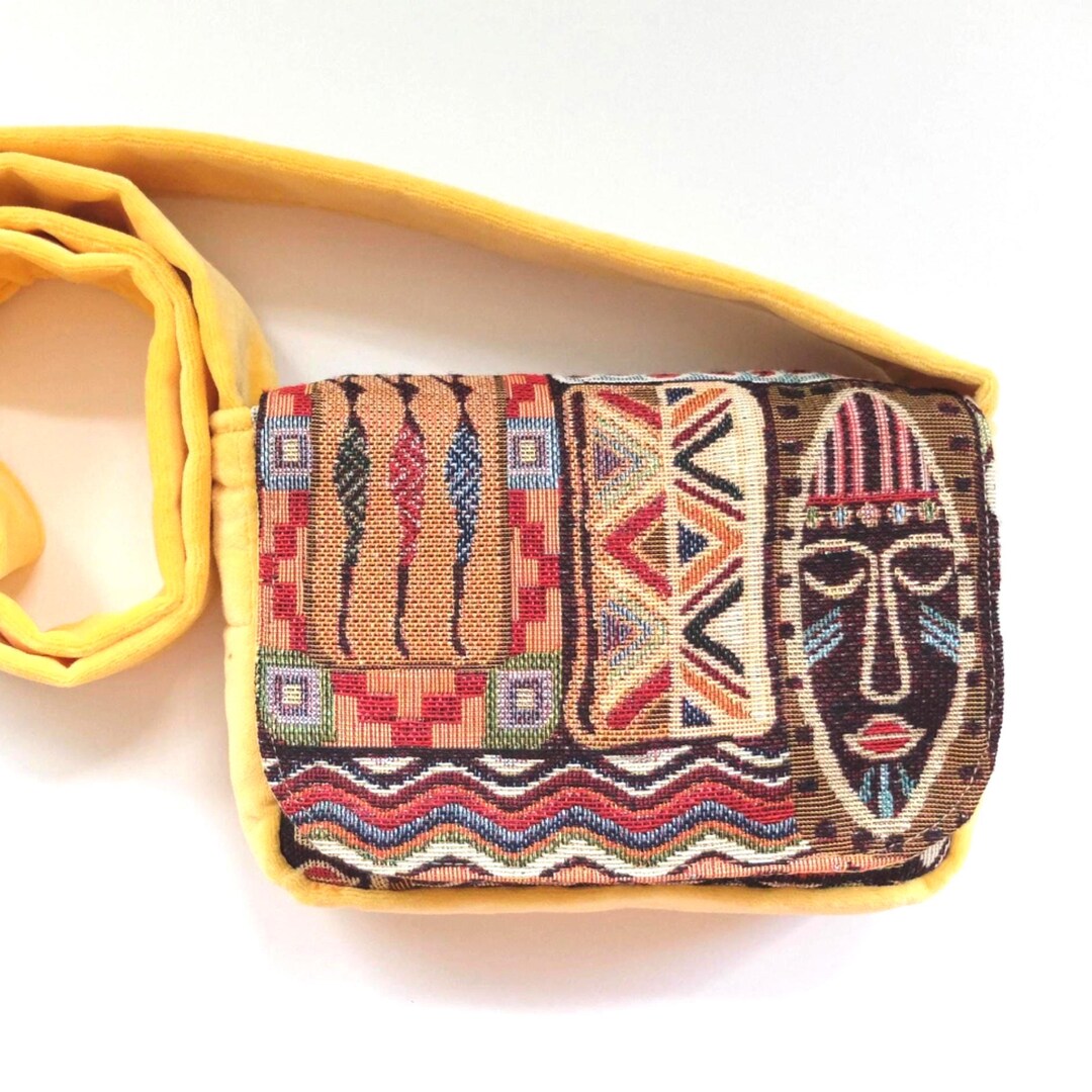 Small African Mask Crossbody. Boho Bag, Tapestry Fabric. Wide Velvet ...