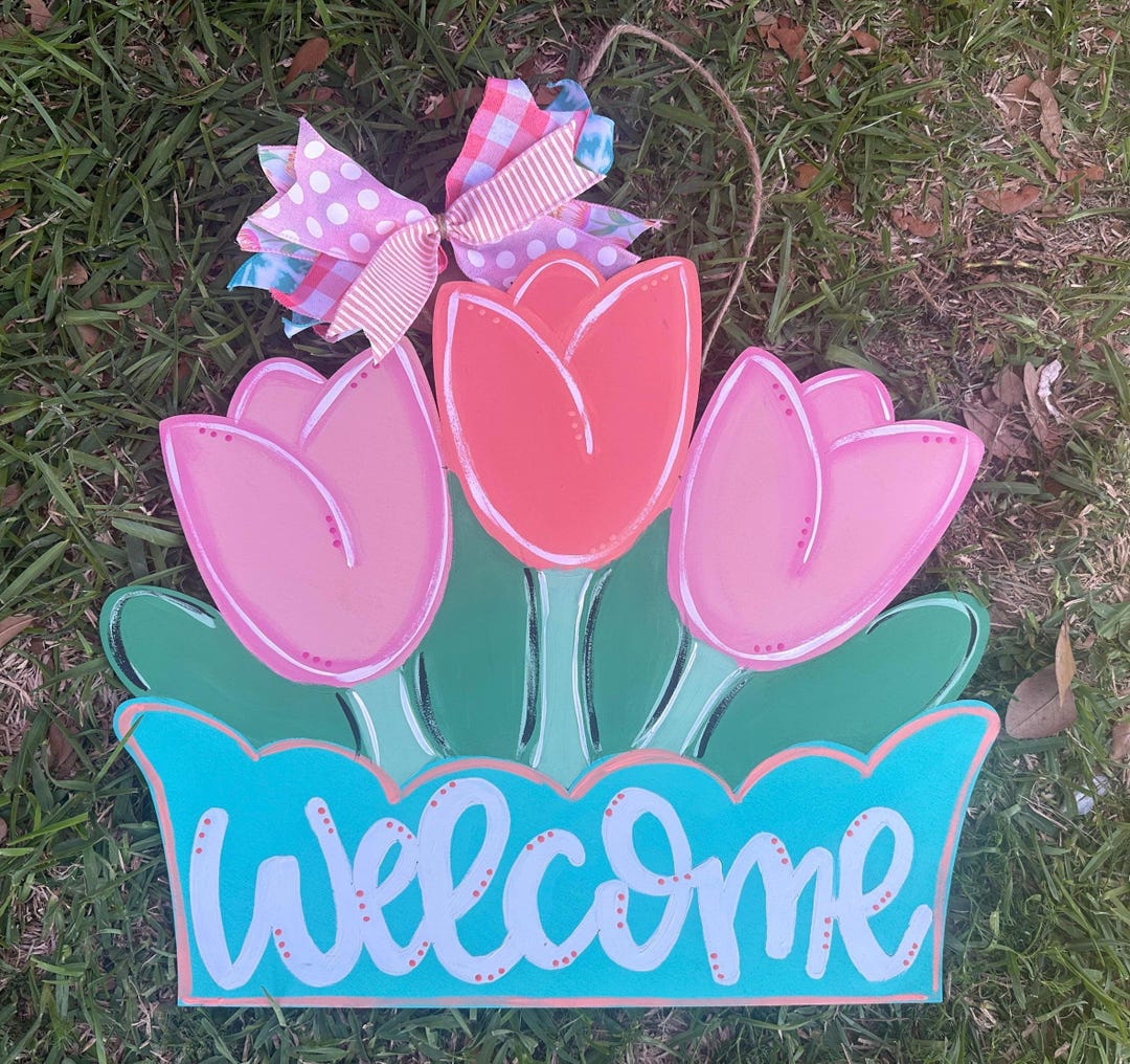 Welcome Door Sign | Tulips Door Hanger | Tulip Door Wreath | Ready to ...