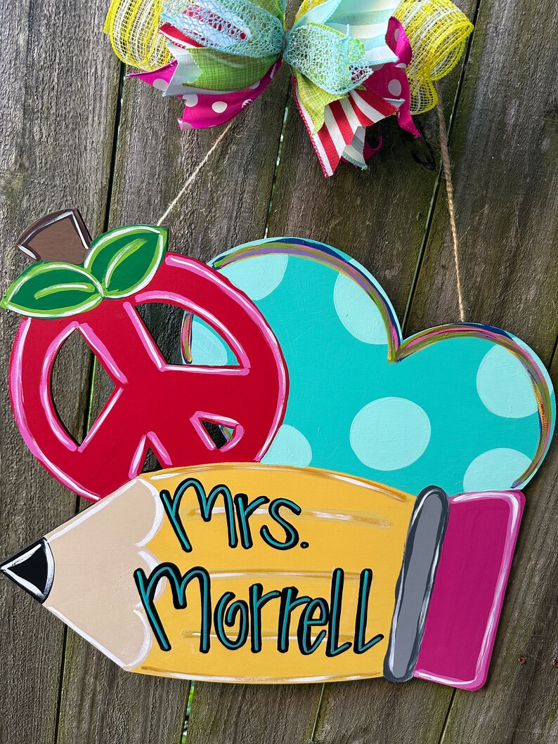Personalized Teacher Door Hanger: Peace, Love, Teach Classroom Sign - Etsy