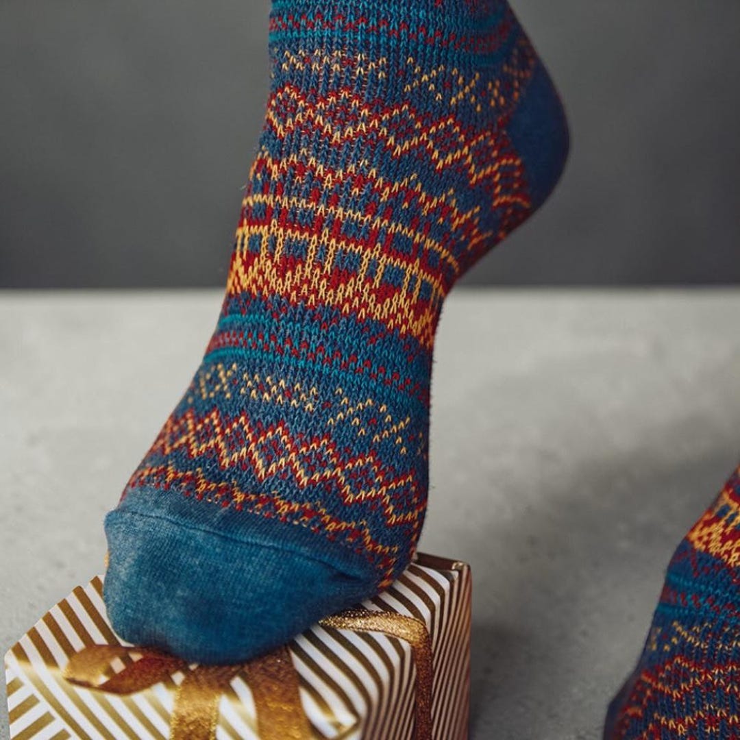 Fair Isle Pattern Cotton Socks, Navy, Ivory, 2 Colours, S/M Size ...